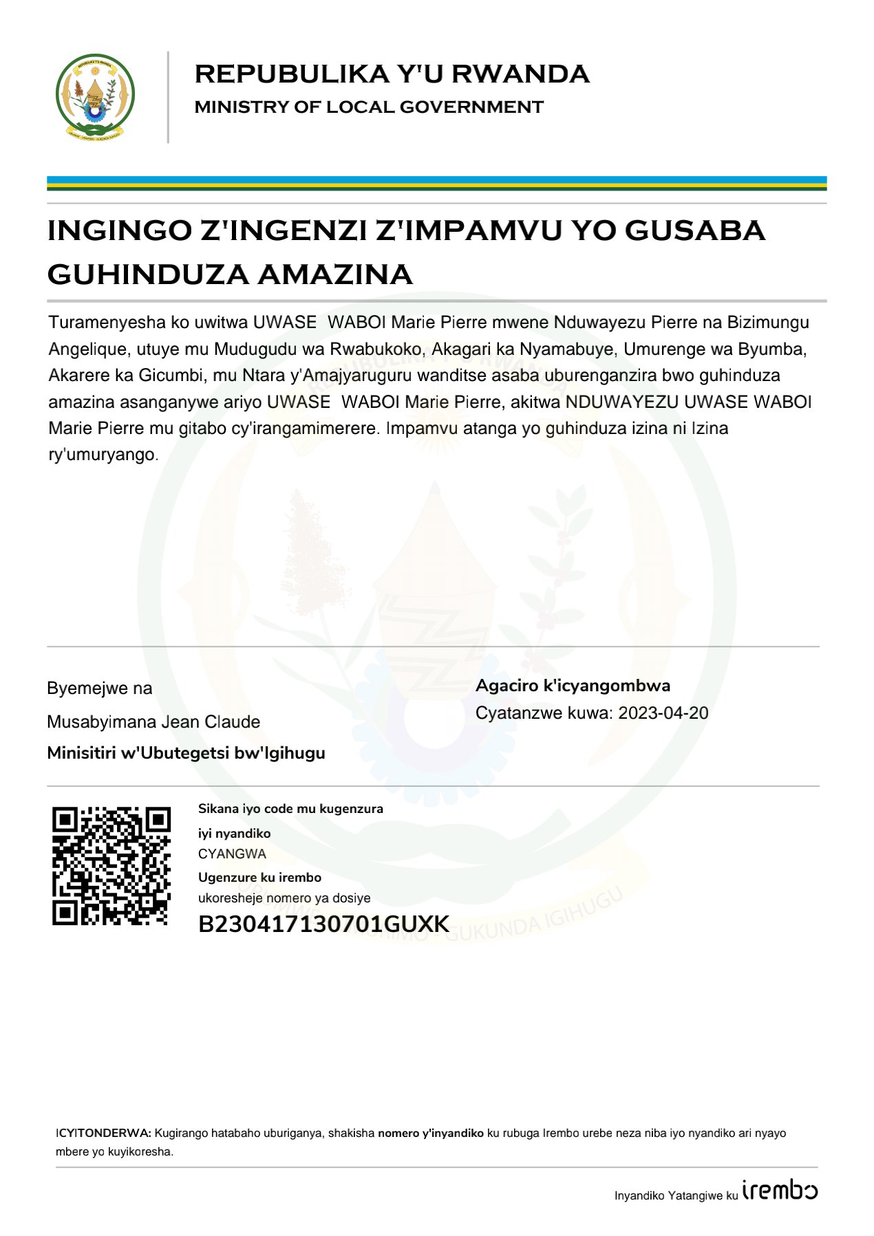 INGINGO Z'INGENZI ZA UWASE WABOI MARIE PIERRE Z'IMPAMVU YO GUSABA ...